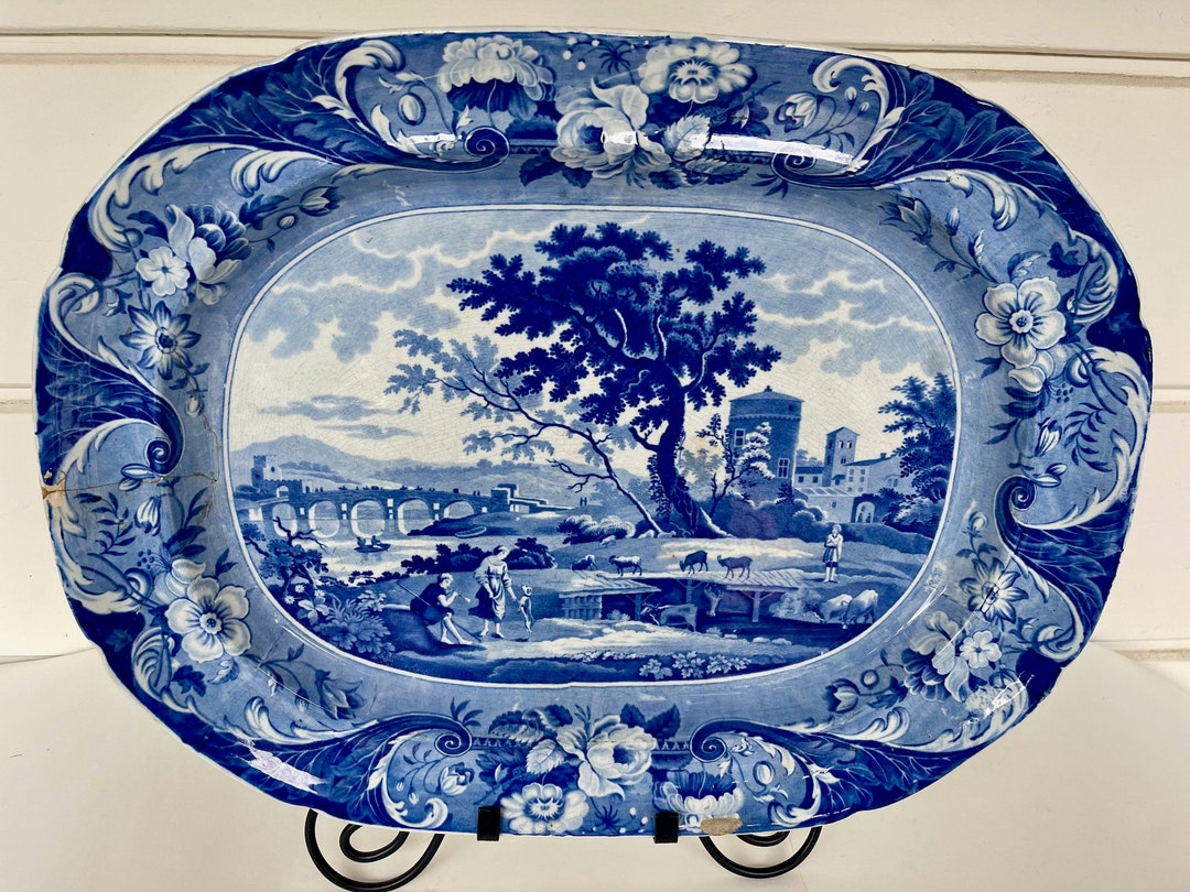 Antique Flow Blue Platter, Very Large, 16 by 21, Unmarked Spode, Blue ...