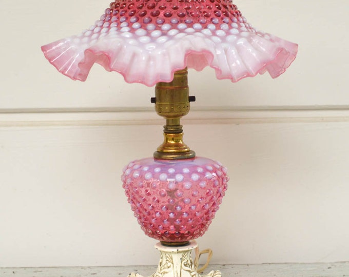 Fenton Cranberry Hobnail Lamp, Cranberry Opalescent Glass Lamp, Ruffled ...