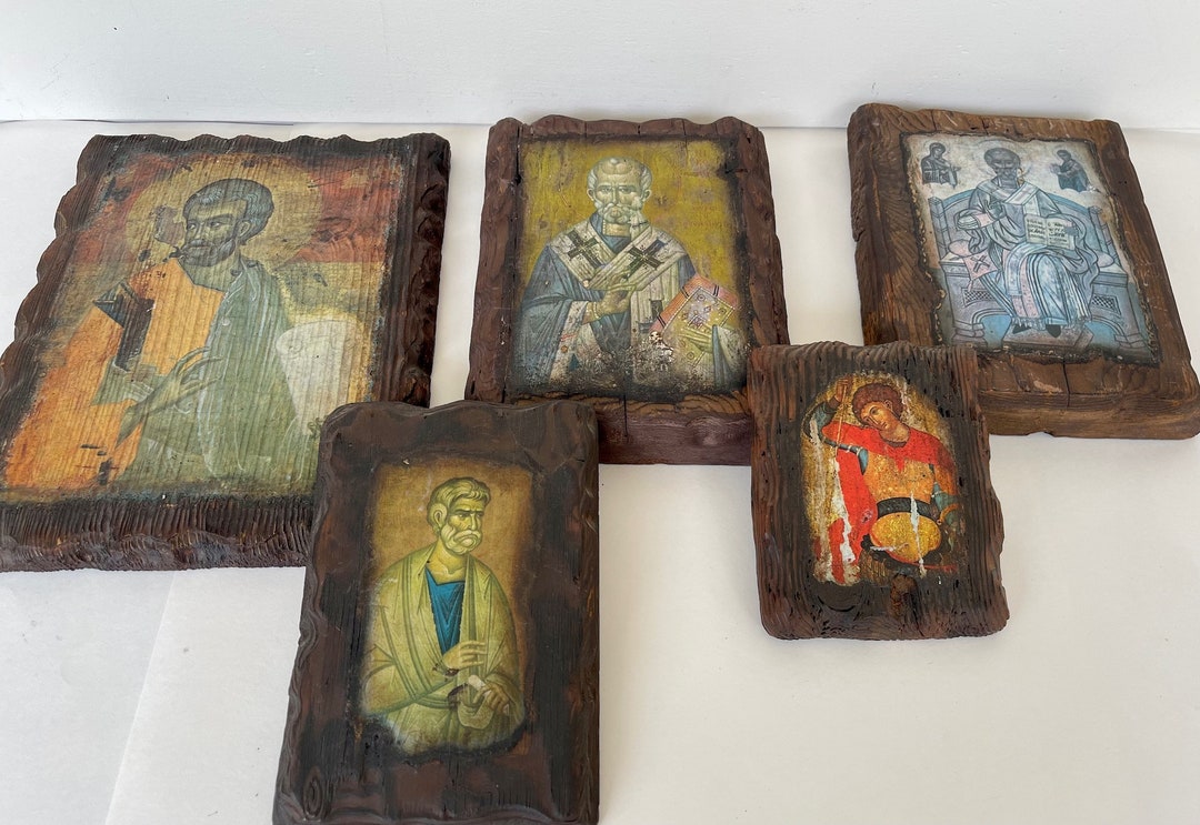 Saints on Barn Wood, Collection of 5 Decoupage Saints on Rustic Wood ...