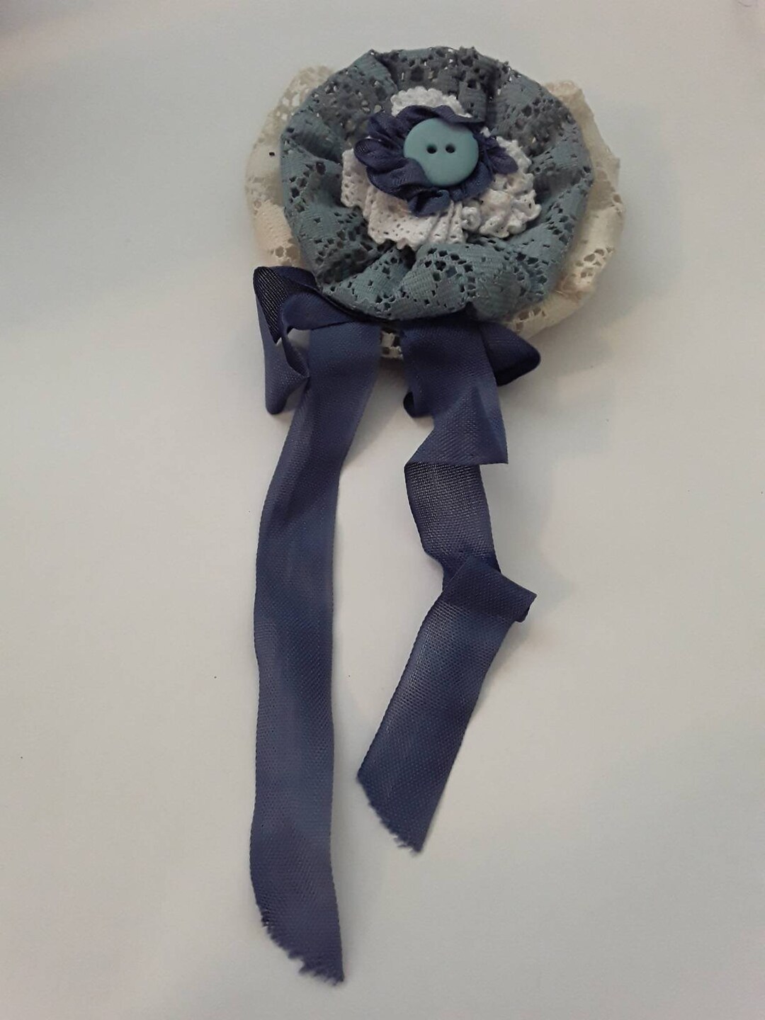 Blue Lace Button and Ribbon Flower Embellishment, Handmade Ribbon ...