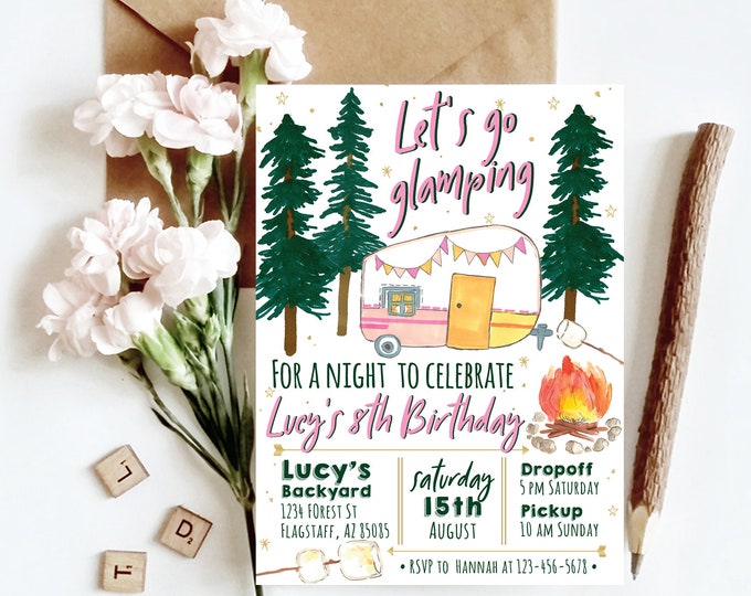 Girl CAMPING INVITATION, Camping Invitation, Girl Sleepover Invitation ...