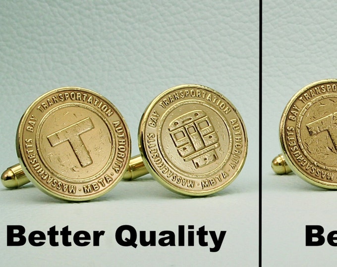 BOSTON T Token Cuff Links Repurposed Vintage Gold Tone MBTA Coins front ...