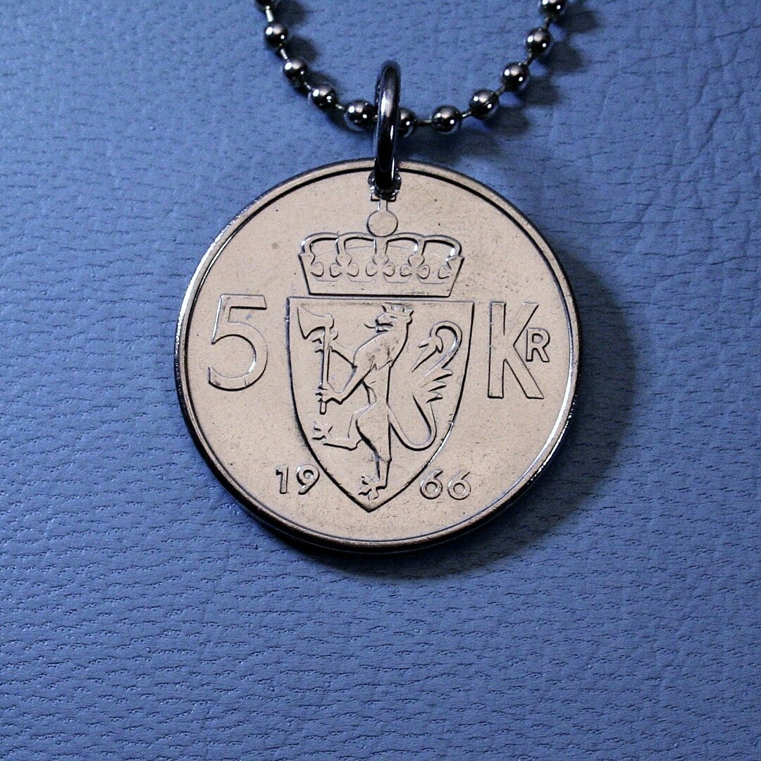 Vintage Norwegian 5 Kroner Coin Pendant: Crowned Lion Coat of Arms ...