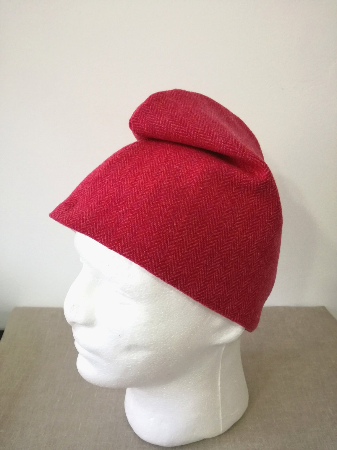 Phrygian cap made of red and pink herringbone wool fabric. | Etsy