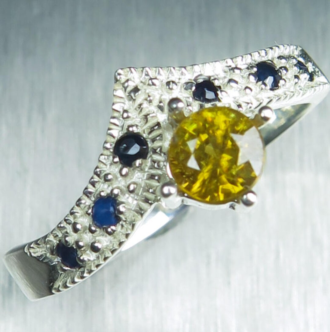 Certified 0.7ct Natural Titanite Sphene 5mm Round Cut & Sapphires 925 ...