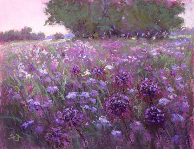 Pastel Painting / Purple Flower Field Landscape Painting / 14 X 11 ...
