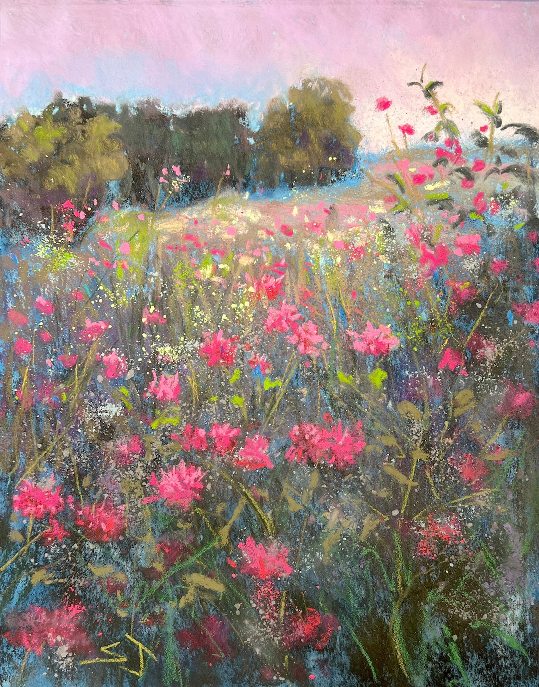 Original Pastel Painting / Pink Flower Field / 8 X 10 / Susan Jenkins ...
