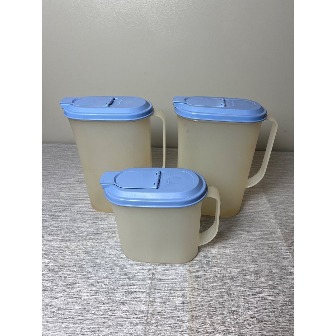 Vintage Tupperware Slimline Pitcher Set Lot of 3 Blue Flip Top Lids ...