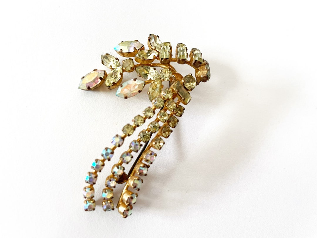 Vintage Gold Tone Ab Rhinestone Leaf Brooch Prong Set Etsy