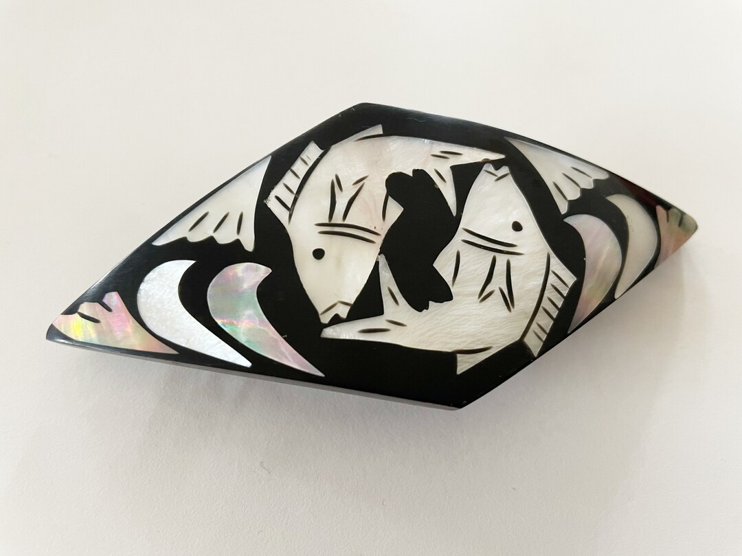 Vintage Inlay Mother of Pearl Black Diamond Shape Fish Pattern Hair ...