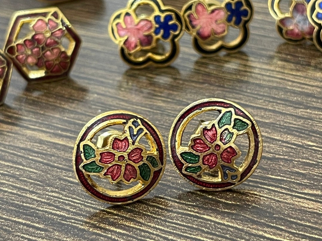 Vintage Gold Tone Cloisonné Flower Fish Patterns Stud Earrings - Etsy