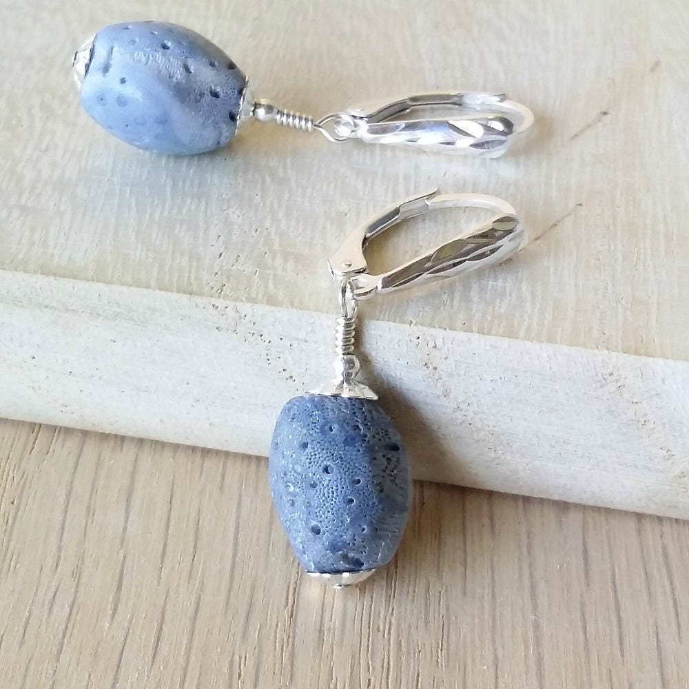 Blue Coral Jewelry Sterling Silver Sponge Coral Dangle Earrings Natural ...