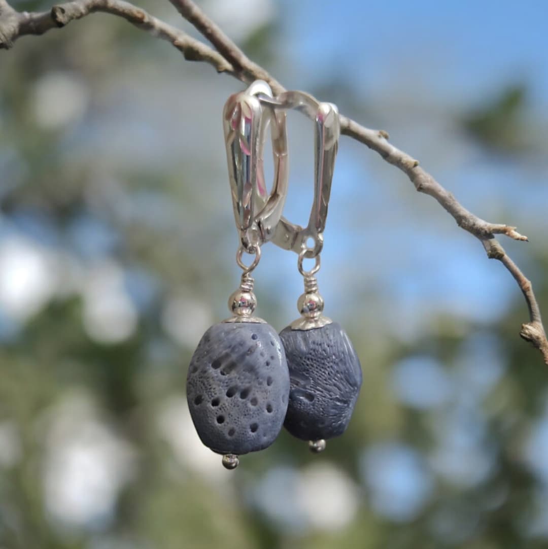 Blue Coral Jewelry Sterling Silver Sponge Coral Dangle Earrings Natural ...
