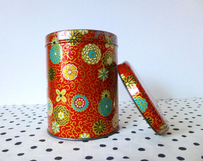 Vintage Metal Canister, Red Floral Canister With Lid, Storage Container ...