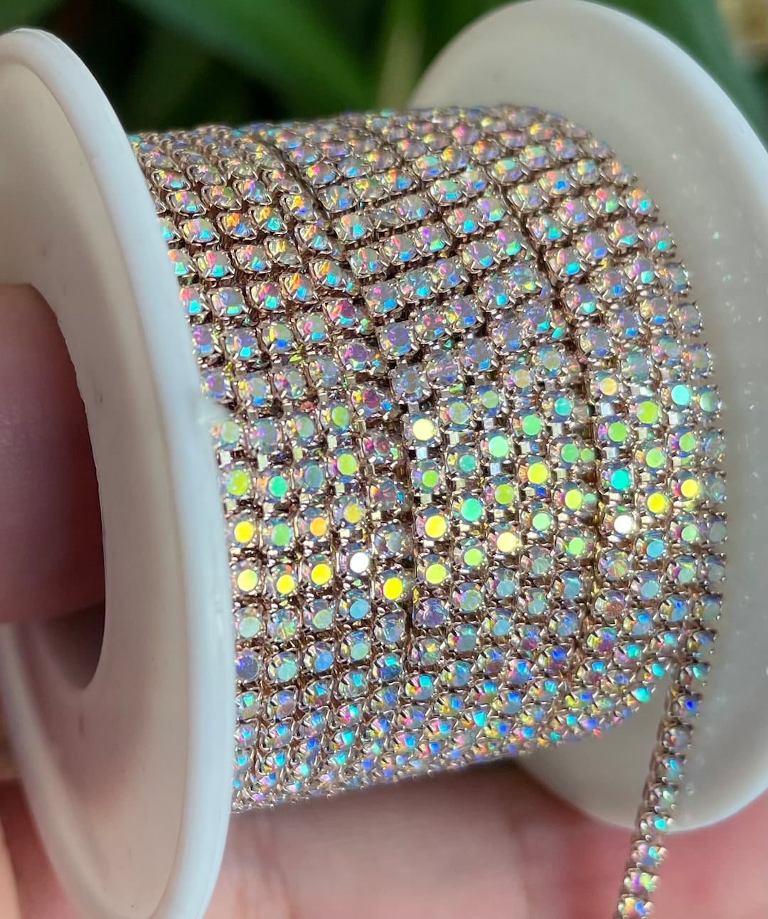 1 Yard Strand of SS6 2mm Clear AB Metal Silver Chain Glass Rhinestone ...