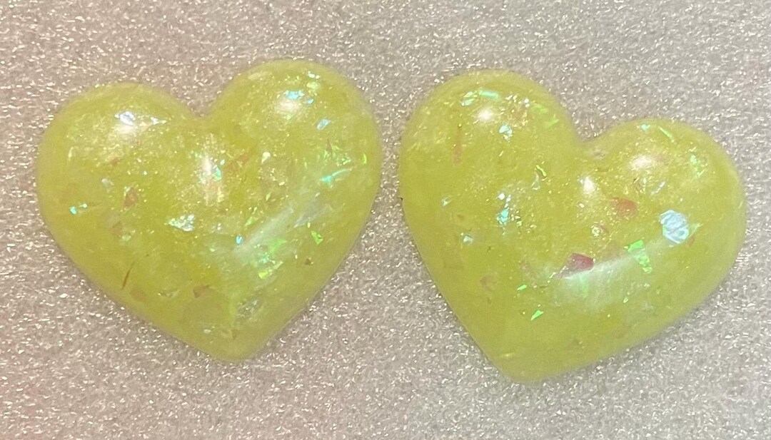 1 Pair Large Yellow Holographic Confetti Heart Handmade Cabochon ...