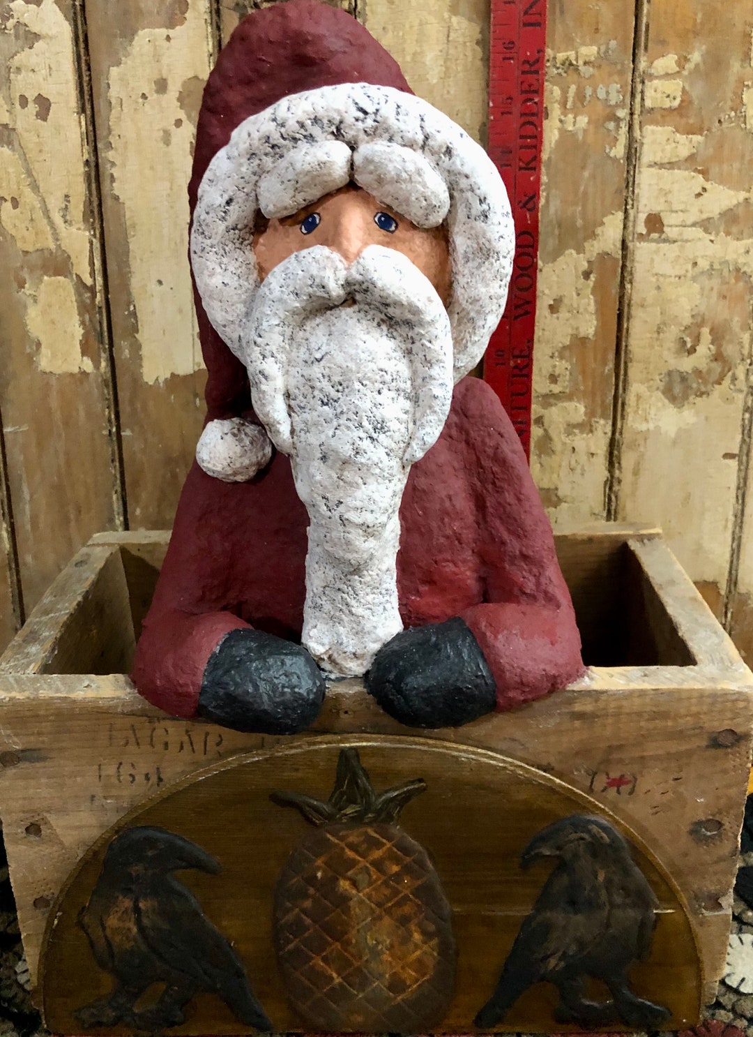 Really Big Santa in an Old Wooden Box With Crows and Pineapple - Etsy