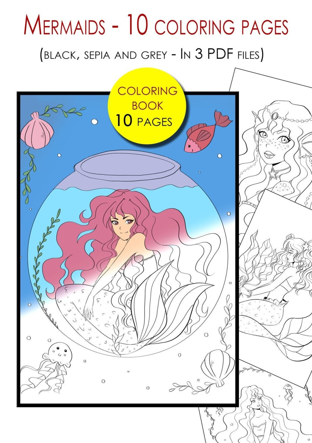 Printable Mermaid 10 Pages of Coloring Book for Adults and Children ...