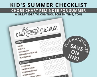 Printable SUMMER Daily Checklist for Kids Chore Chart for Kids Summer ...