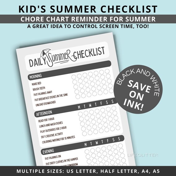 Black and White Printable SUMMER Daily Checklist for Kids - Etsy