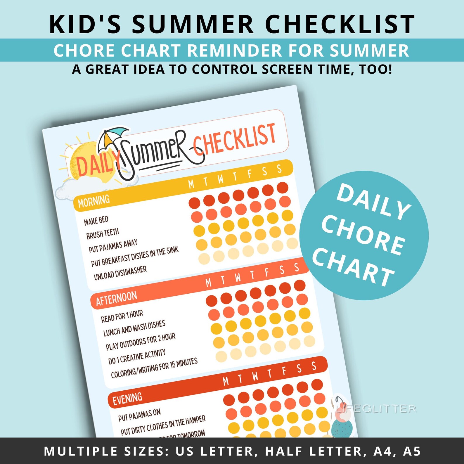 Printable SUMMER Daily Checklist for Kids Chore Chart for Kids Summer ...