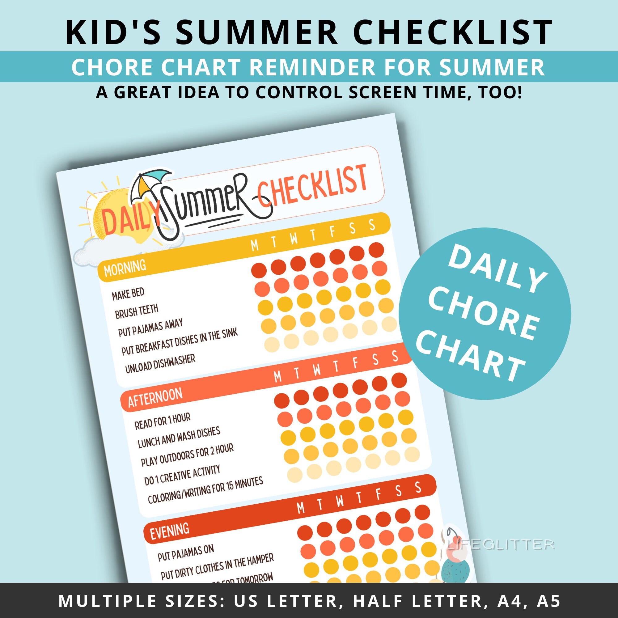 Printable SUMMER Daily Checklist for Kids Chore Chart for Kids Summer ...