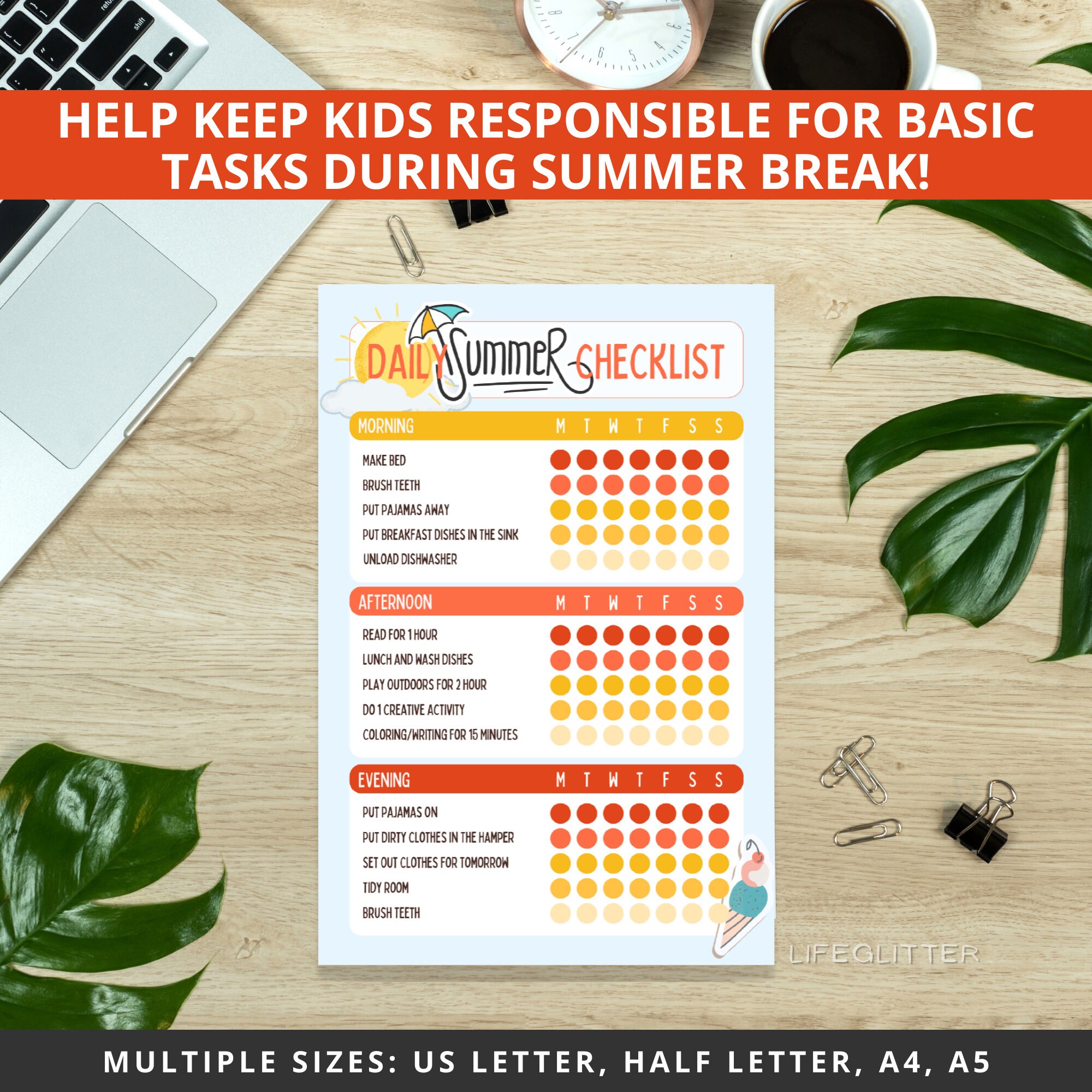 Printable SUMMER Daily Checklist for Kids Chore Chart for Kids Summer ...