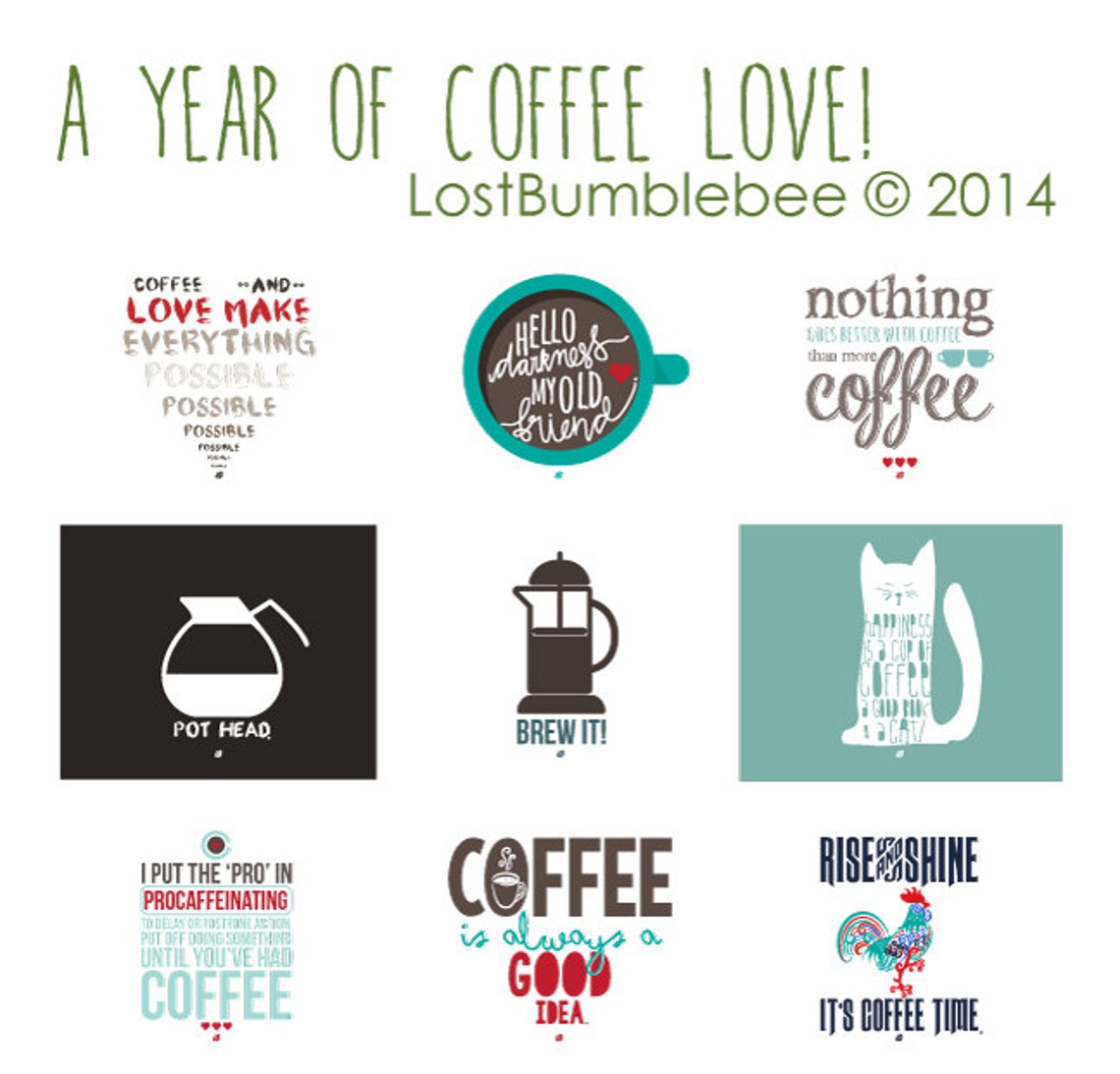 A Year of COFFEE LOVE 30 Digital PRINTS Instant Download Creative ...