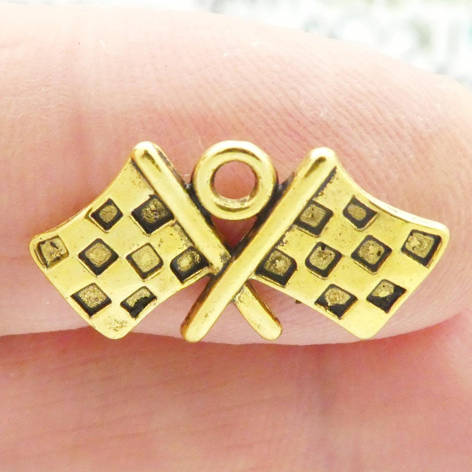 8 Gold Checkered Flag Charm Car Racing Pendant 12x23mm by TIJC SP1235 ...