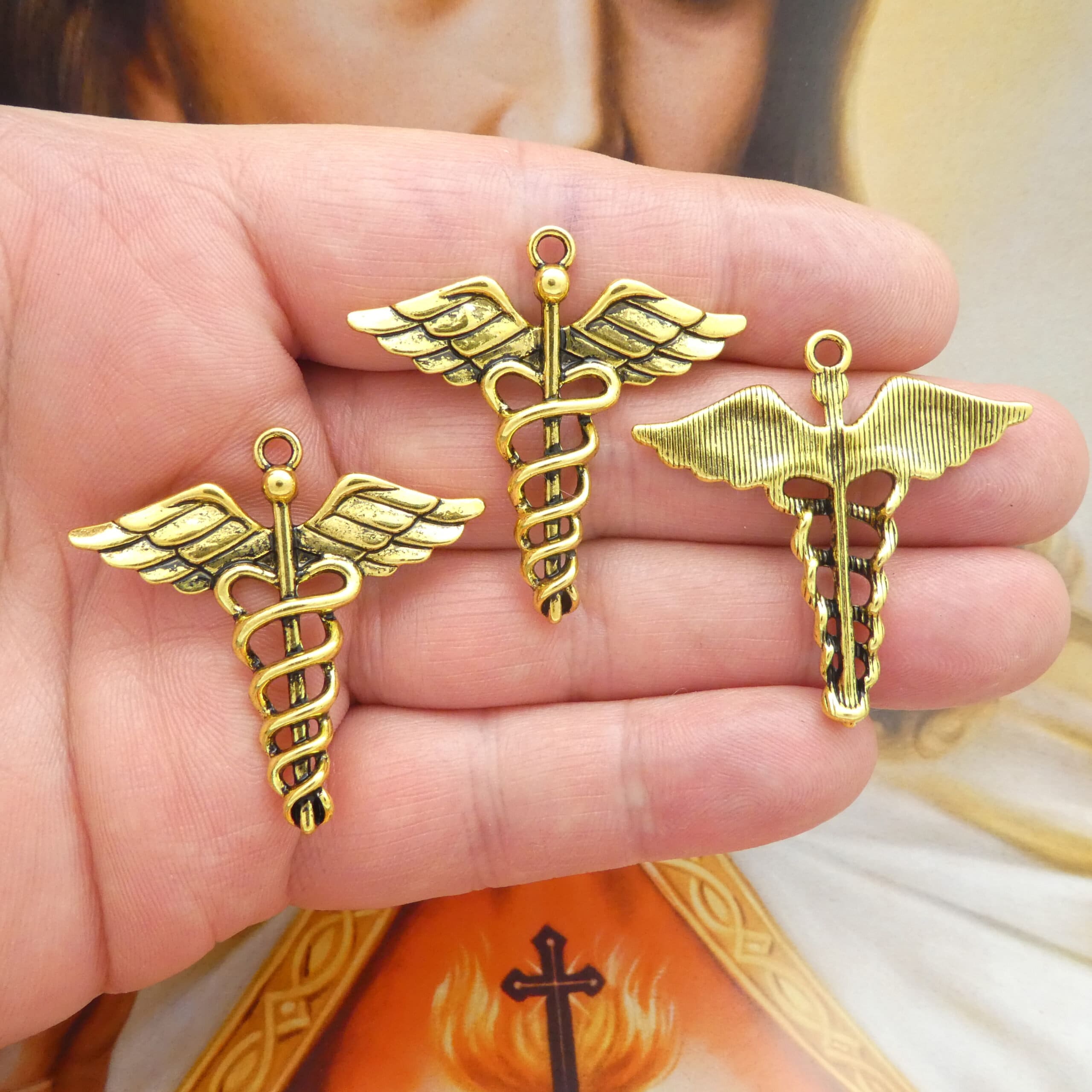 2 Gold Medical Caduceus Charm Pendant by TIJC SP2077 - Etsy