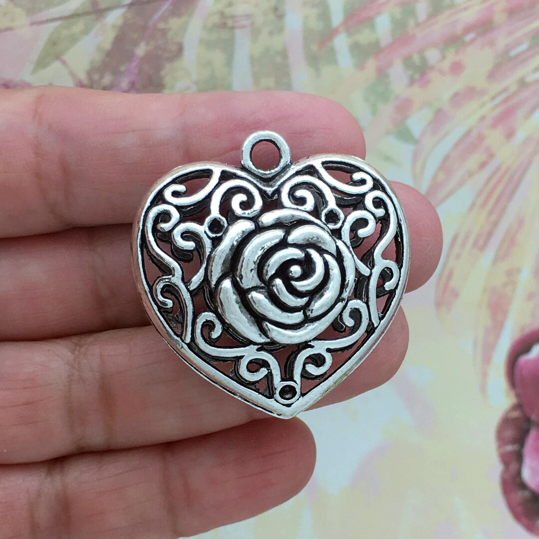 1 Rose Heart Charm Pendant Silver by TIJC SP0812 - Etsy