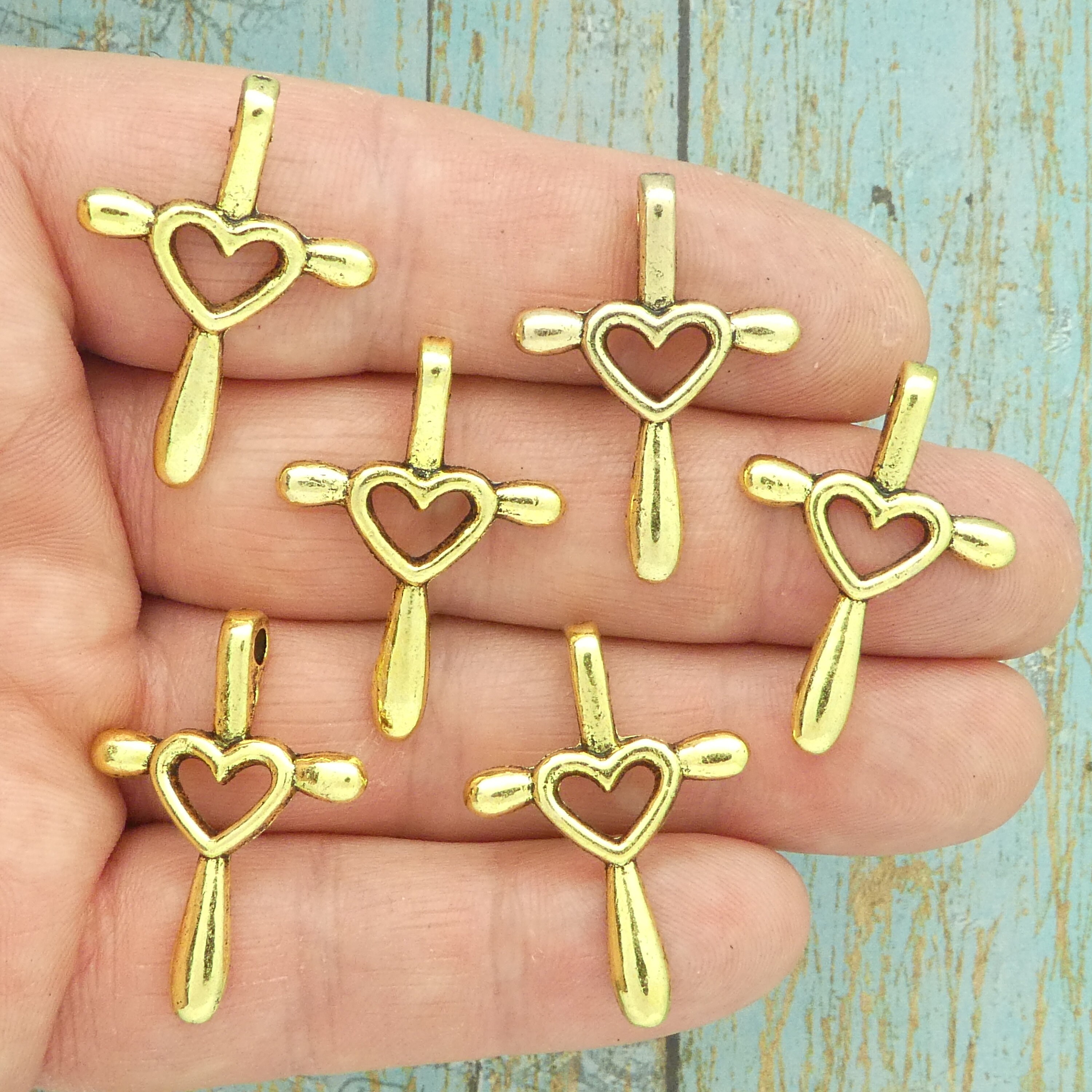 5 Gold Heart Cross Charm by TIJC SP1733 | Etsy