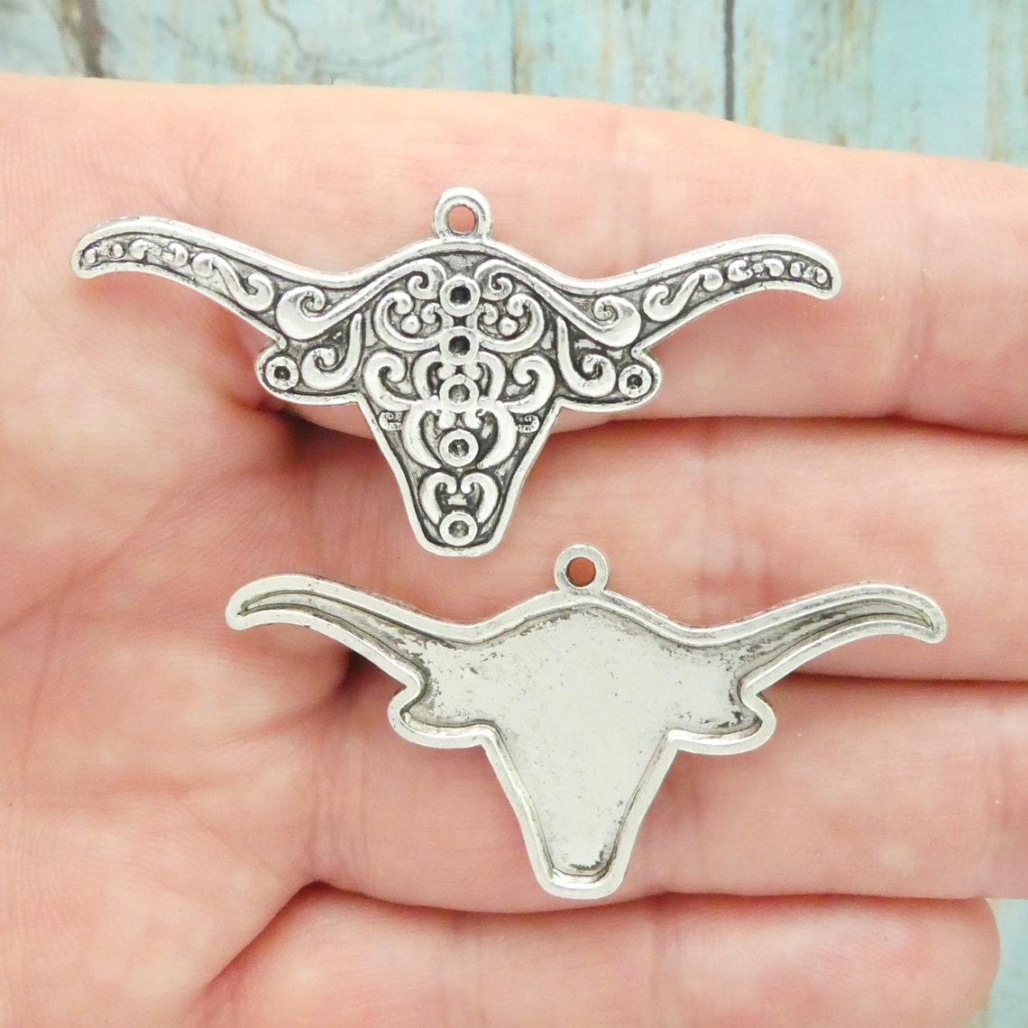 3 Silver Longhorn Pendant 25x50mm by TIJC SP0804 - Etsy