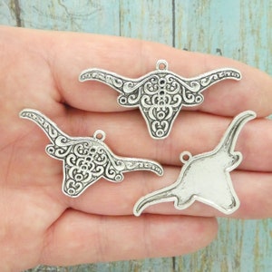 3 Silver Longhorn Pendant 25x50mm by TIJC SP0804 - Etsy