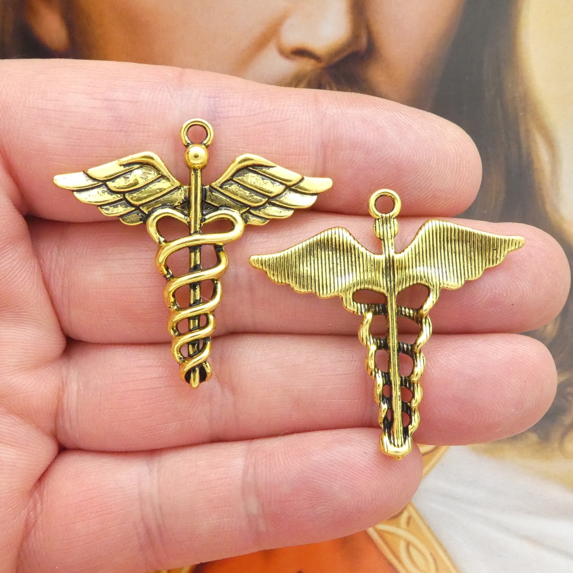 2 Gold Medical Caduceus Charm Pendant by TIJC SP2077 | Etsy