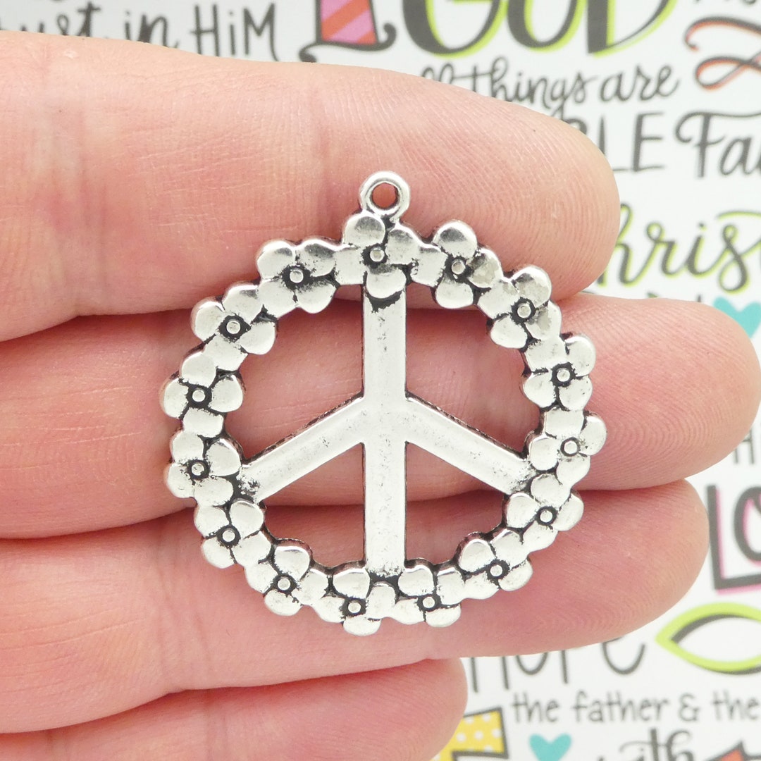 BULK 8 Flower Silver Peace Sign Charm Pendant Large 40x38mm by TIJC ...