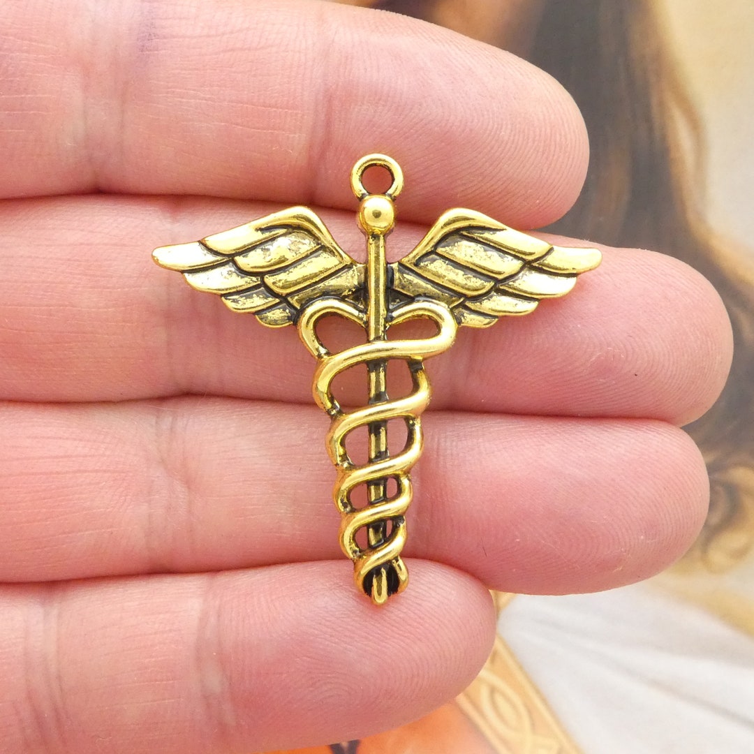 2 Gold Medical Caduceus Charm Pendant by TIJC SP2077 - Etsy