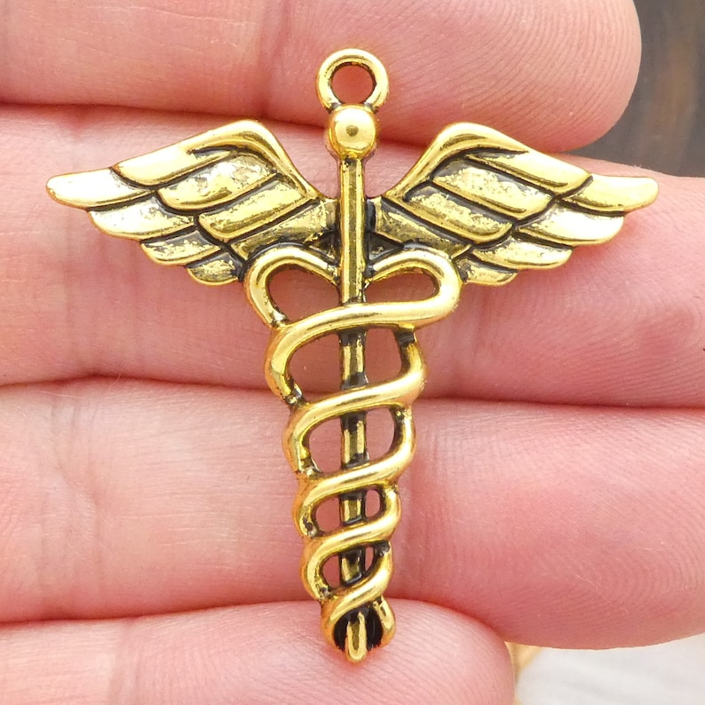 2 Gold Medical Caduceus Charm Pendant by TIJC SP2077 - Etsy