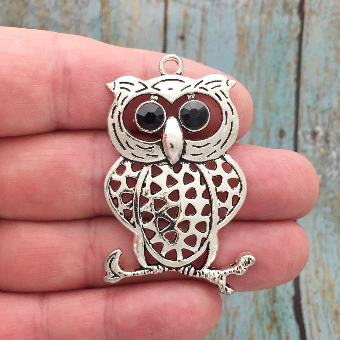 1 Owl Charm Pendant Silver Large With Black Crystal by TIJC SP0657 - Etsy