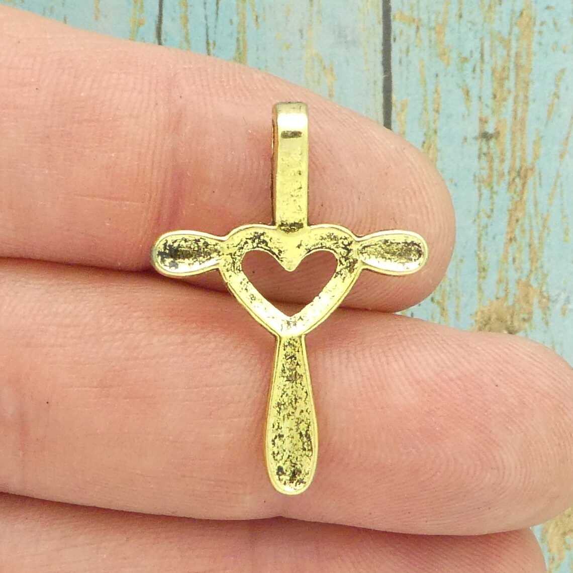 5 Gold Heart Cross Charm by TIJC SP1733 | Etsy