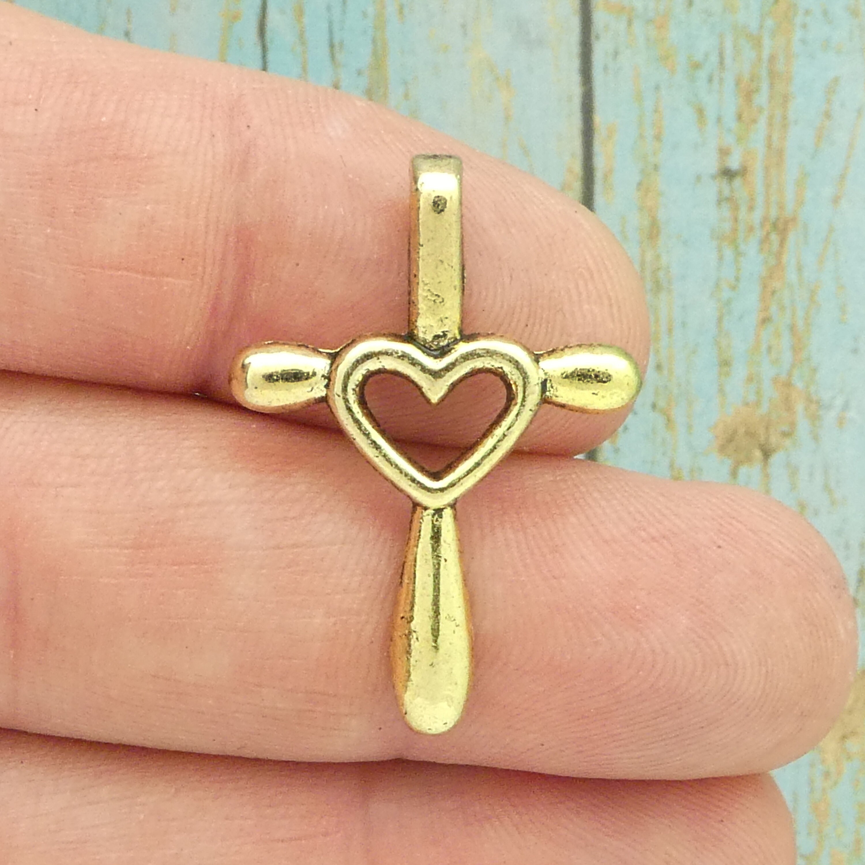 5 Gold Heart Cross Charm by TIJC SP1733 | Etsy