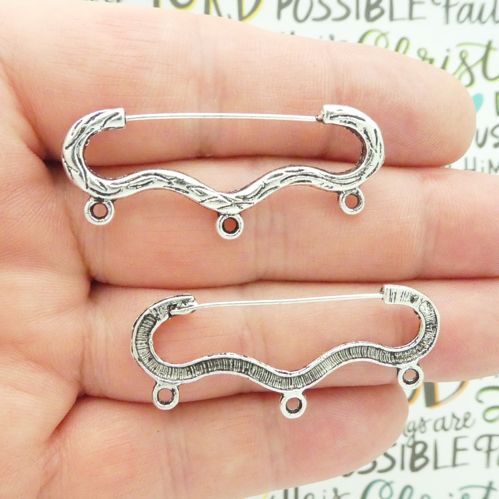 2 Silver Ornate 3 Loop Charm Holder Pin 20x46mm by TIJC SP1005 | Etsy