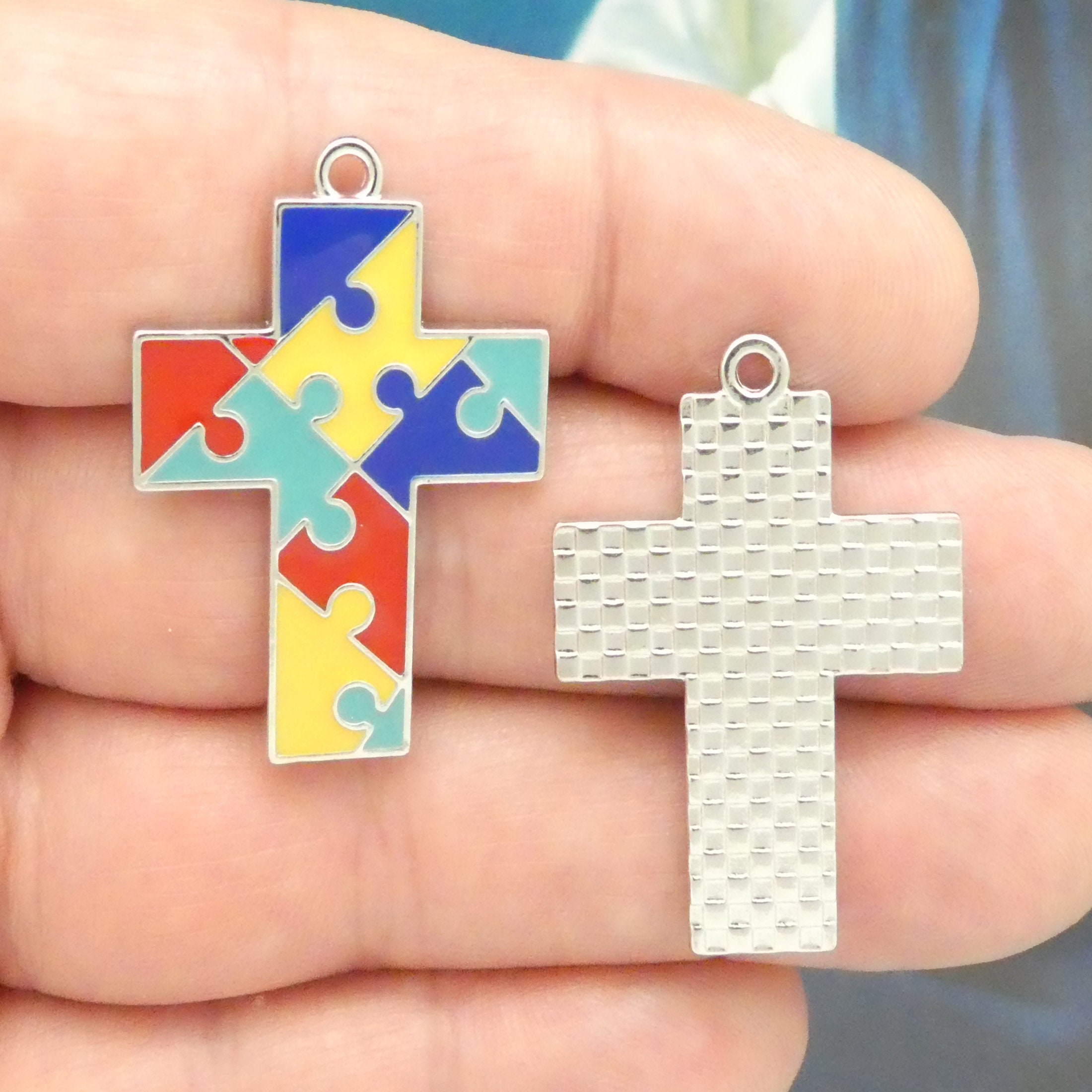 2 Cross Autism Puzzle Charms Silver With Enamel by TIJC SP1970 | Etsy