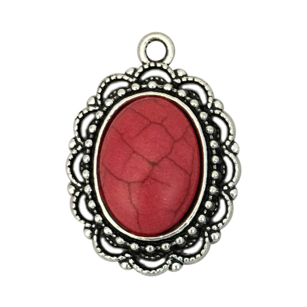 1 Red Stone Silver Oval Pendant With Lace and Bead Bezel 32x23mm by ...