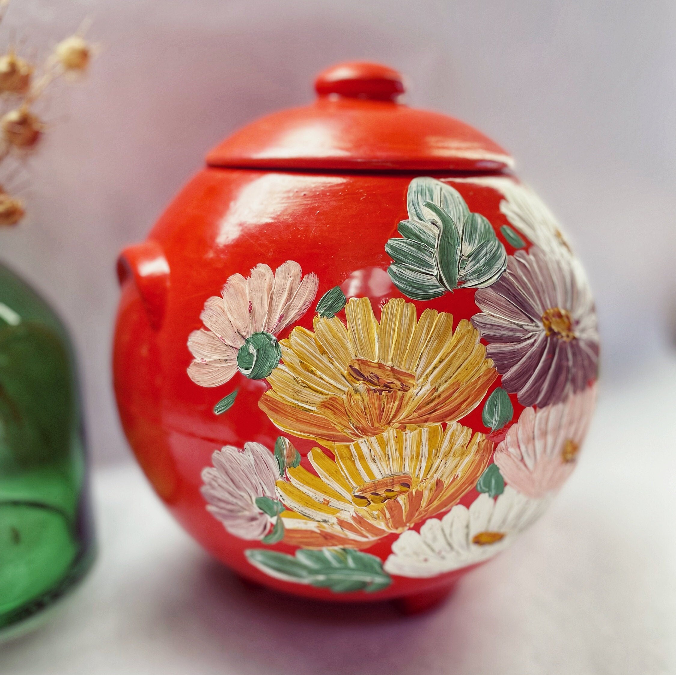 Ransburg Pottery Red Orange Cookie Jar With Hand Painted Aster Flowers ...