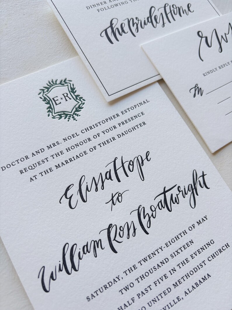 Custom Calligraphy Letterpress Crest Wedding Invitations - Etsy
