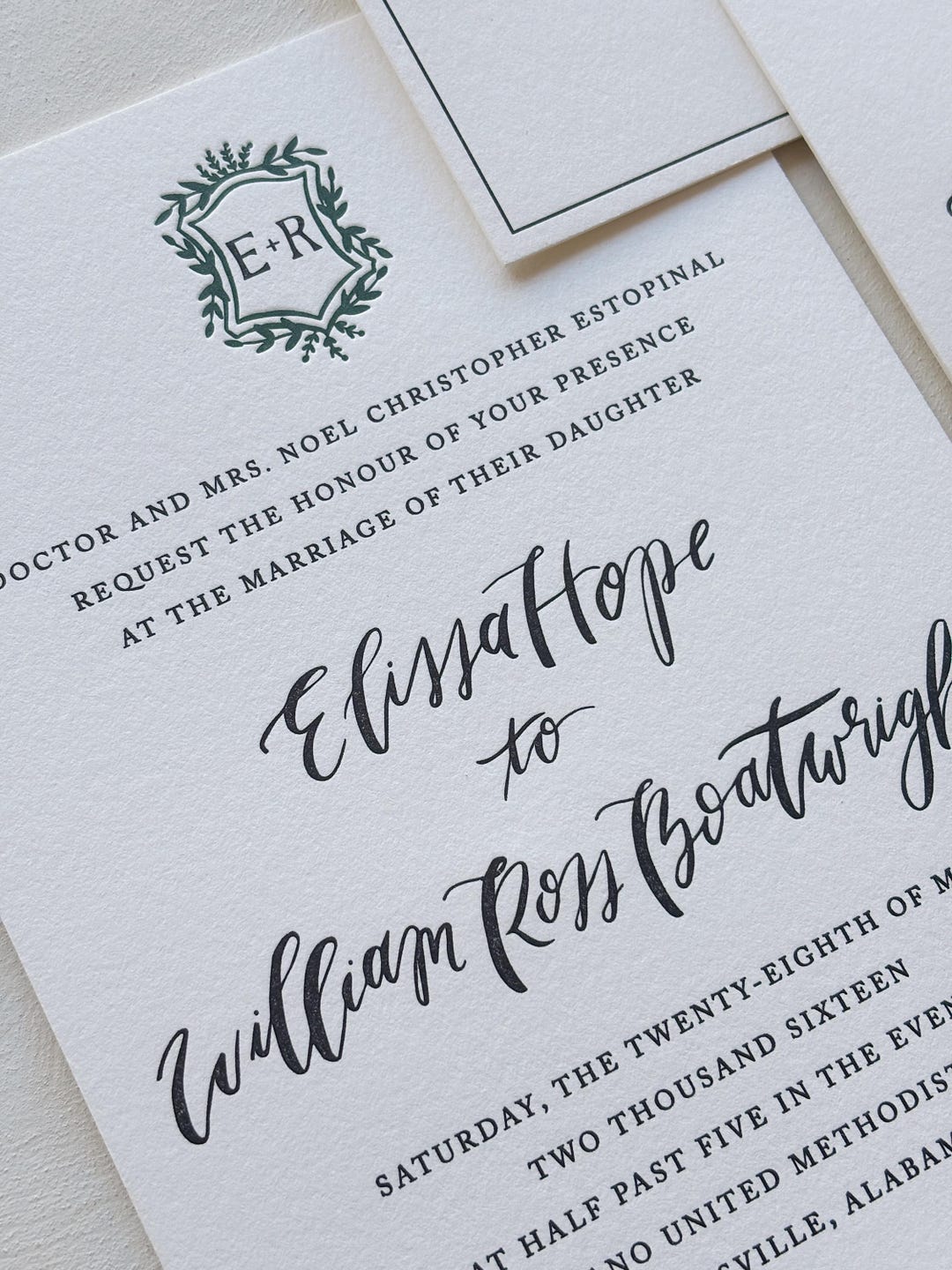 Custom Hand-lettered Letterpress Wedding Invitations With Custom Crest ...
