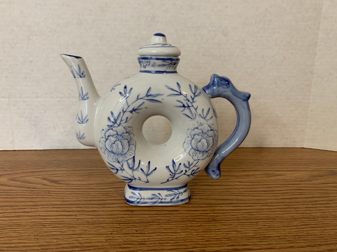 Vintage Blue and White Teapot, Unique Shape Teapot, Donut Shaped Teapot ...