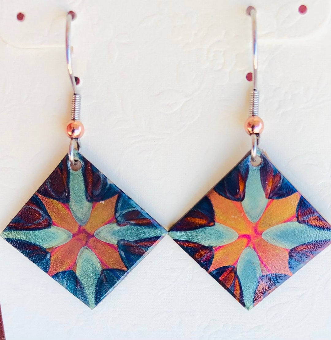 Flame Painted Copper, Amish Hex Sign, Quilt Square Earrings - Etsy