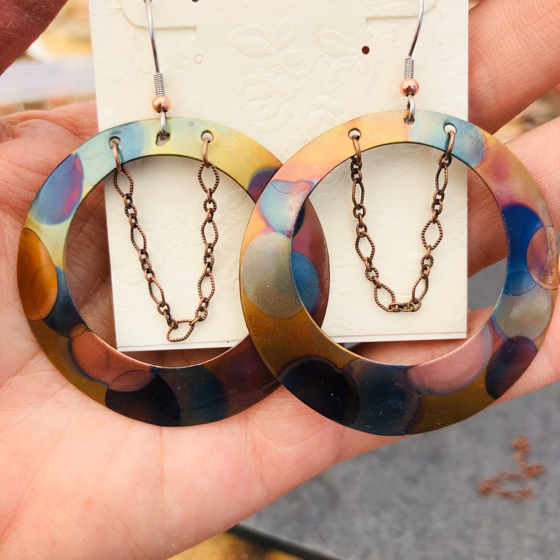 Flame Painted Copper Gypsy Hoop Ear Rings With Chain - Etsy